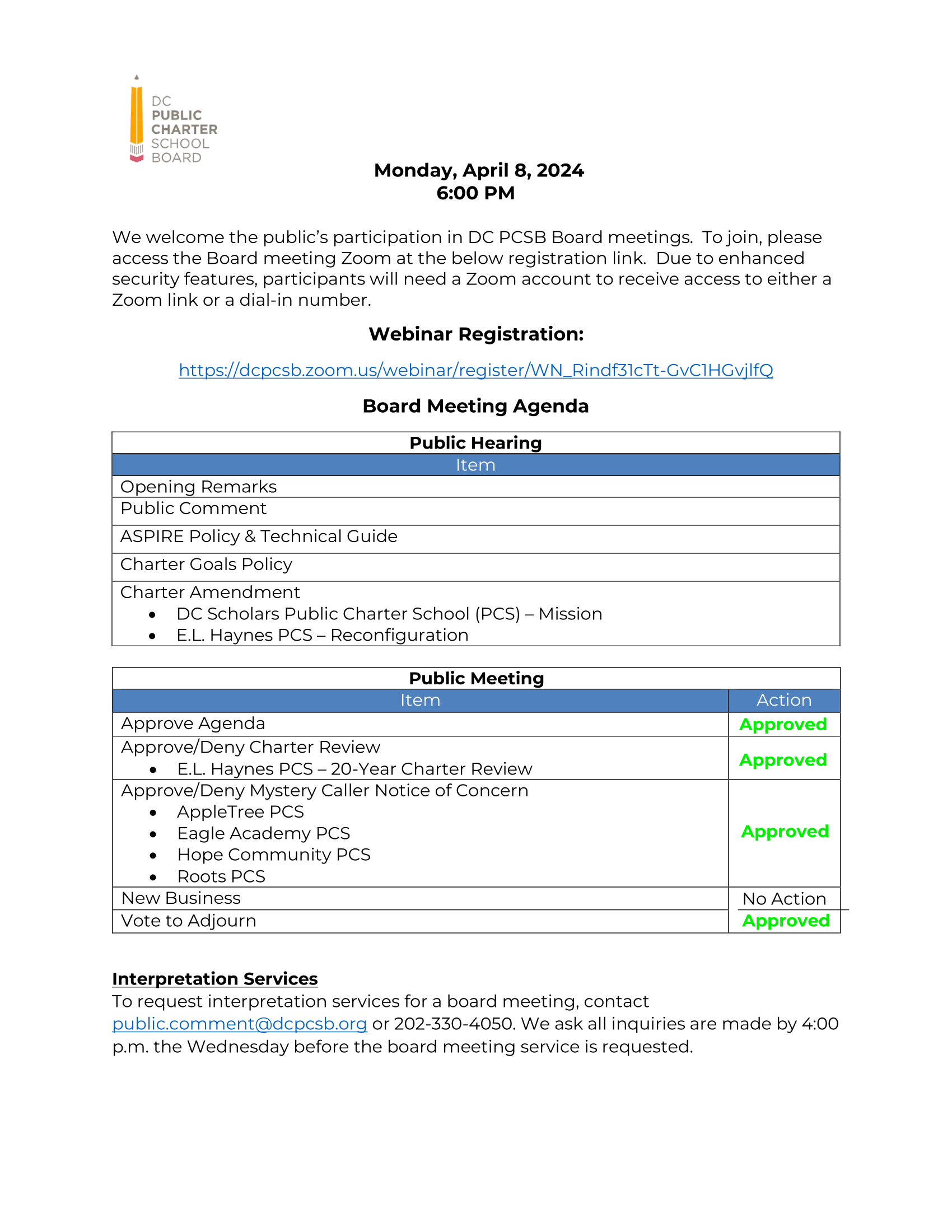 Special Meeting - April 2024 | DC PCSB